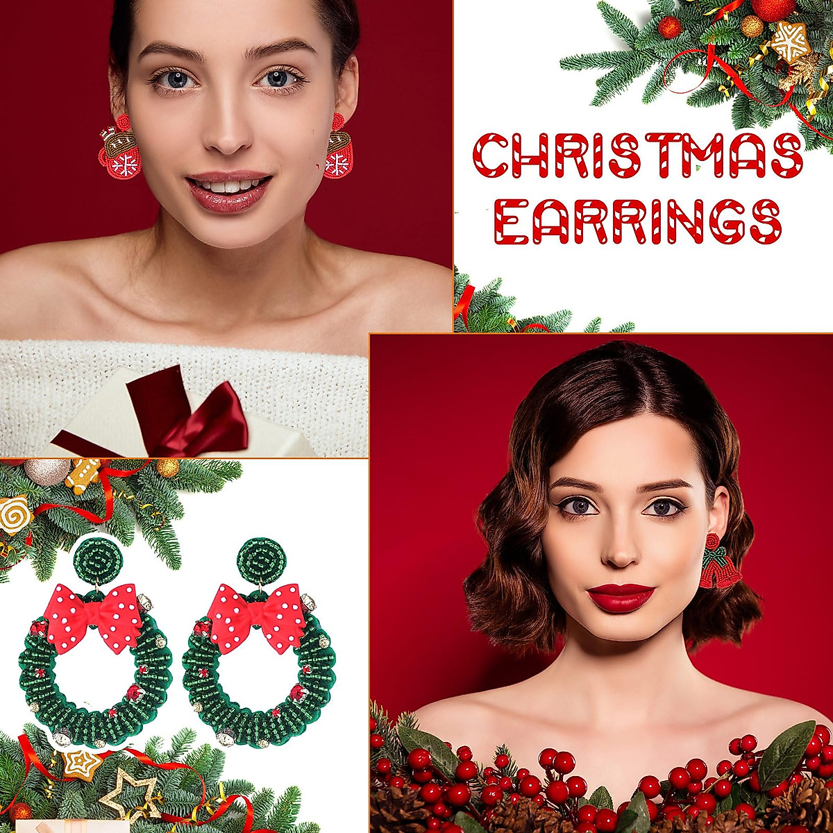 Siifert 12 Pairs Christmas Earrings for Women Christmas Beaded Earrings Bulk Holiday Earrings Handmade Christmas Tree Santa Snowflake Wreath Reindeer Dangle Earrings for Party Christmas Gifts