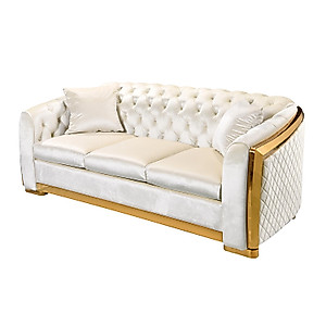 WinJoy 82.3 Inch Velvet Sofa Set for Living Room, 3 Seat Modern & Luxury Chesterfield Couch Sofa with Tufted Back&Gold Stainless Legs for Apartment, Office 2 Pillows Included Beige