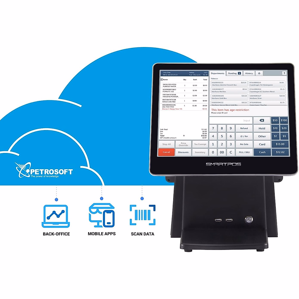 All-in-One SmartPOS-129 Professional Cash Register for Small Business, POS Bundle Includes: Cashier Touch Screen Monitor, Customer-Facing Display, Cash Drawer, Scanner, Printer