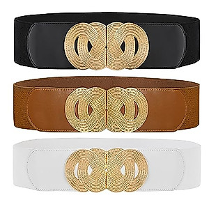 XZQTIVE 3 Pieces Women Wide Waist Belt For Dress Sweater Fashion Elastic Stretch Waistband With Gold Circle Hook Buckle