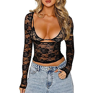 Women's Going Out Tops Y2k Sheer See Through Shirt Fairy Lace Patchwork Long Sleeve Crop Top Grunge Streetwear