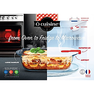 Ôcuisine 334S116 rectangular tempered borosilicate glass food containers with patented microwave safe, oven cooking (without lid), storage & reheating, Set of 3, BPA Free, Made in France