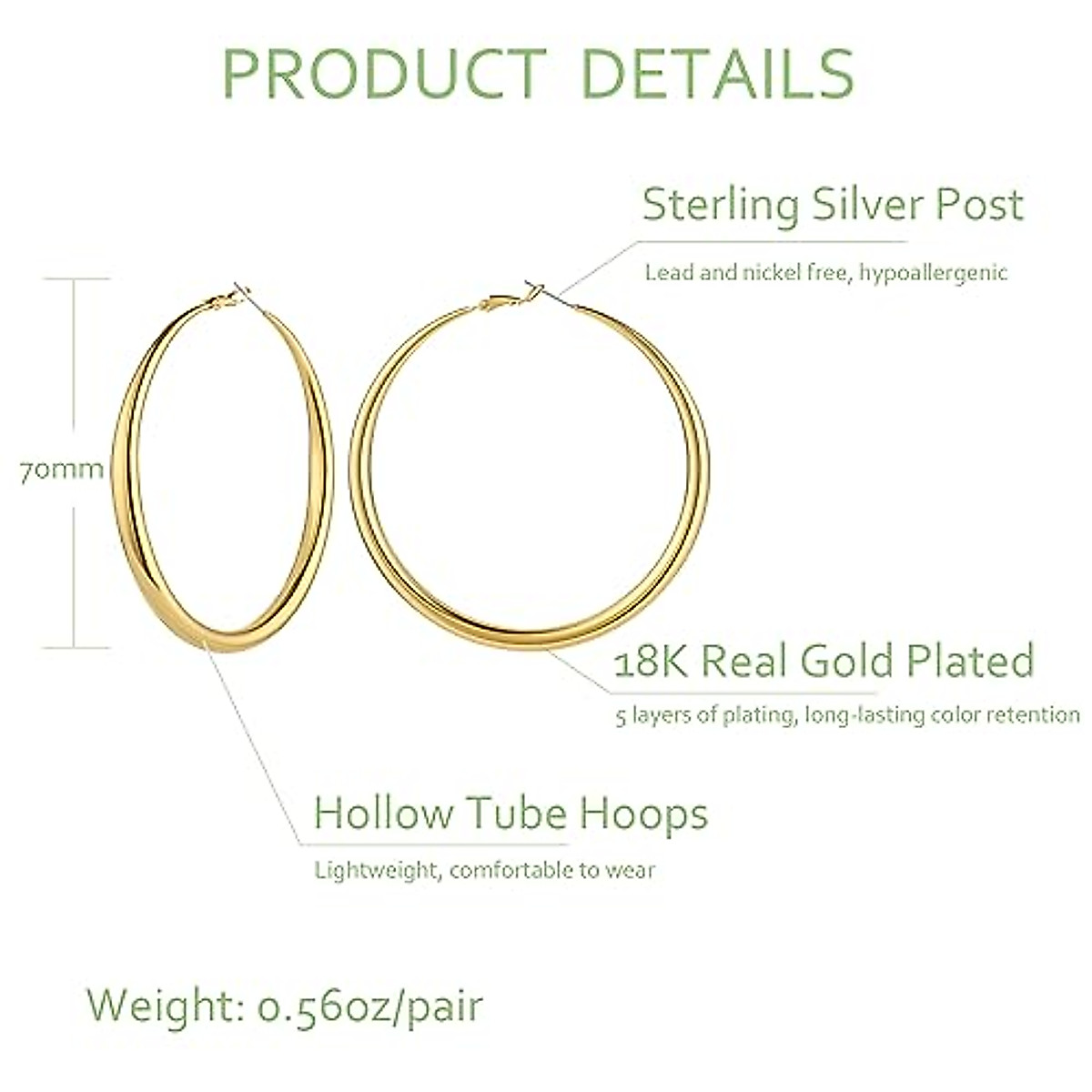 Chunky Hoop Earrings for Women 18K Real Gold Plated Thick Round Gold Hoops Earrings Hypoallergenic Big Large Statement Earrings Gift for Girls 40MM