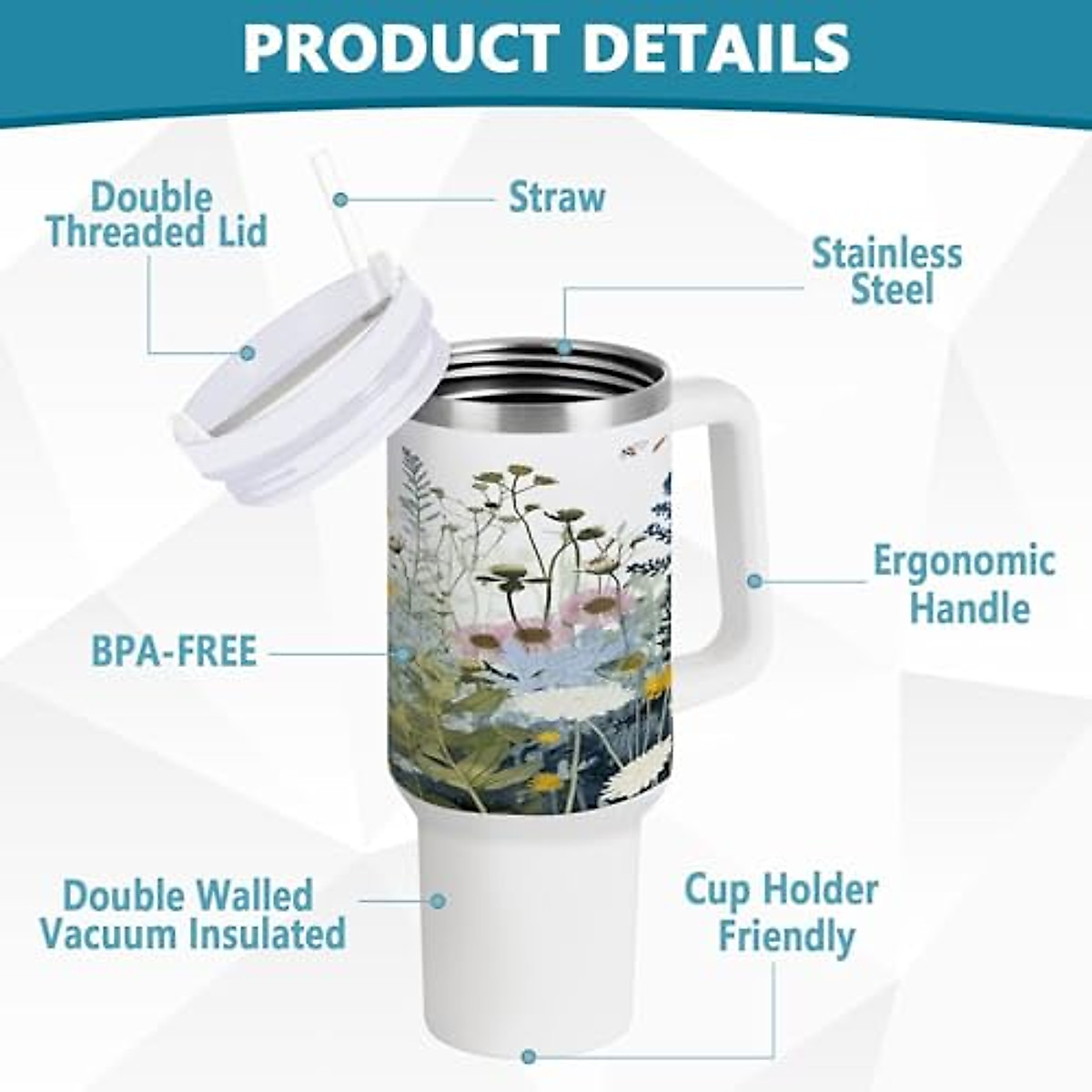 Jihqo Beautiful Wildflowers 40 oz Stainless Steel Vacuum Insulated Tumbler with Handle and Straw Lid Reusable Leakproof Water Bottle Double Wall Travel Mug Coffee Cup, Cupholder Friendly