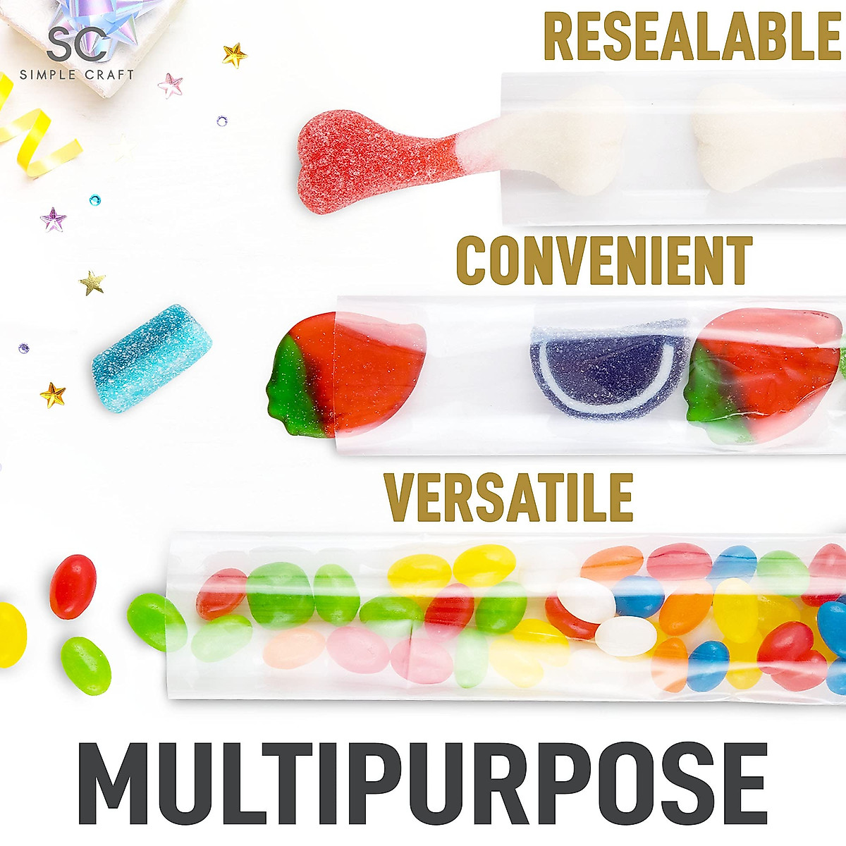 Simple Craft 200 Pack Candy Treat Cellophane bags - 8x10 Thick Plastic Candy Bags With Ties For Goodie Bags - Clear Cellophane Treat Bags For Candy, Cookies & Pastries (8''x10'')