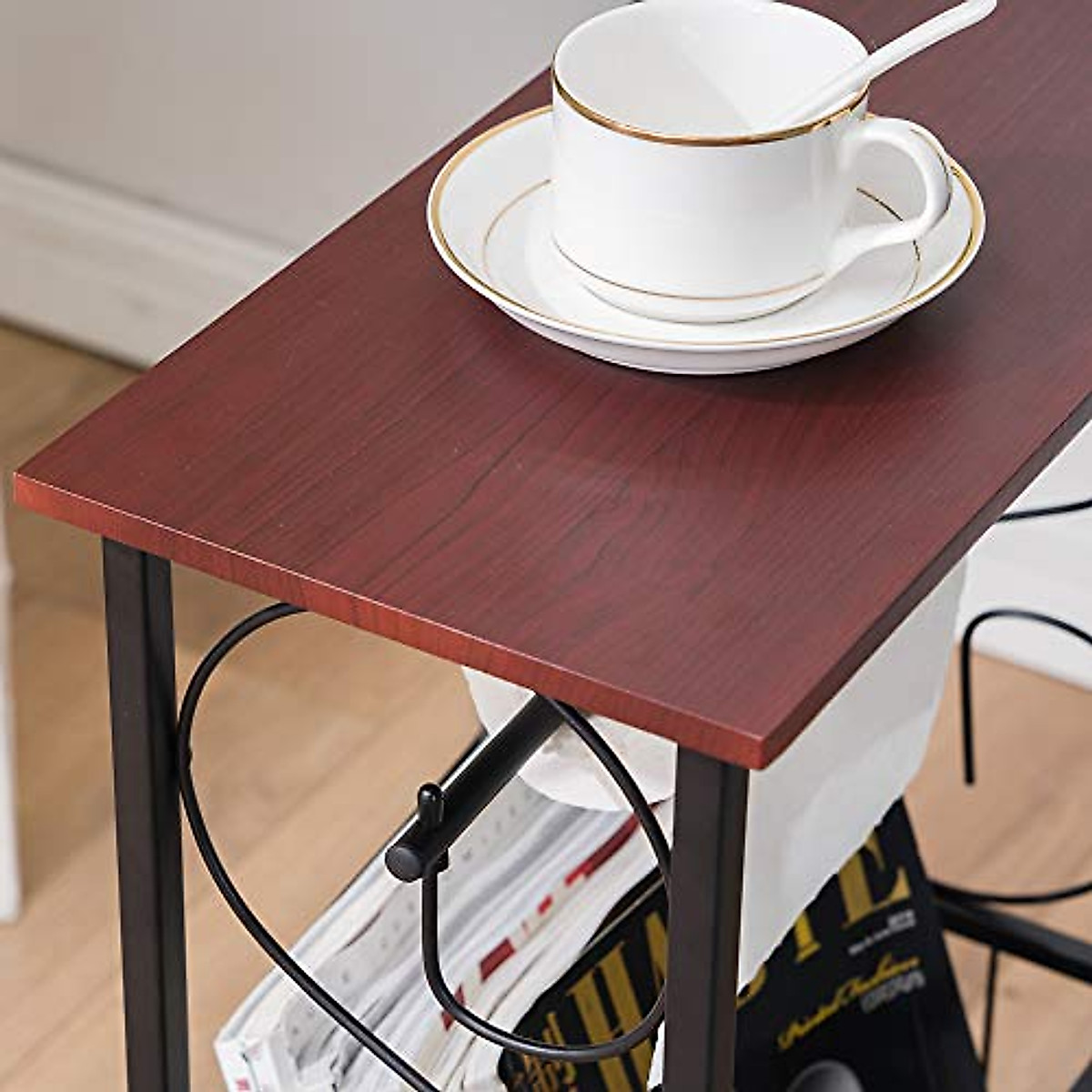 WEI WEI GLOBAL Toilet Paper Holder and Magazine Rack Side Table, Bathroom Storage Table Stand Shelf with Wooden Top and Metal Frame, Brown