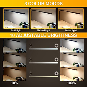 Desk Lamp Clamp, 12W Bright LED Desk Light for Home Office, Eye-Caring Table Light for Dorm Room, 3 Color 10 Brightness, Long Flexible 360° Goosenecks, Metal Swing Arm, 10W USB Adapter, Black.