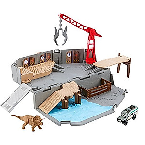 Jurassic World Toys Matchbox Harbor Rescue Playset, Dock, Ramps, Crane, Habitat Pen, Push Button Trigger, Triceratops Dino Action Figure, Off Road vehicle, Folds Up for Easy Storage, Portable