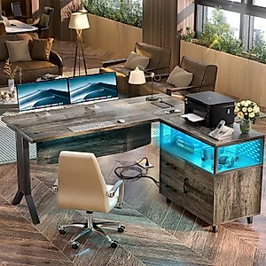 Homieasy L Shaped Office Desk with Storage Cabinet and Recessed Power Strip LED Strip, 55 Inch Thickened Heavy Duty Executive Computer Desk with 2 Drawers and 1 Door Cabinet, Black Oak F15