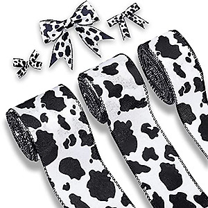 3 Rolls Wired Cow Grosgrain Ribbon, 15 Yards Wired Cow Print Ribbon Black and White Ribbon Animal Print Ribbon, Cow Spot Pattern Ribbon, Animal Print Ribbon for Wreath Bow DIY Crafts Party Decoration
