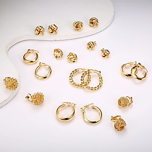 YADOCA 10 Pairs Clip On Earrings for Women 14K Gold Plated Clip On Hoop Earrings Chunky Clip Earrings No Piercing Fake Earrings Set Hypoallergenic