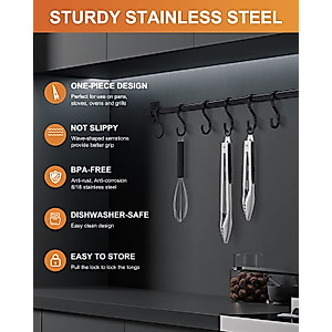 Bnlcd Cooking Tongs with Teeth, Premium Stainless Steel Kitchen Tongs Set of 2-9" and 12", Heavy Duty Locking Metal Food Tongs with Non-Slip Grip - Black