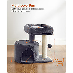 Feandrea Cat Tree, Cat Tower with Sisal-Covered Scratching Post, Cat Condo with Padded Perch, for Small Spaces, Kittens, Smoky Gray UPCT50G