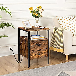 HOOBRO End Table with Charging Station and USB Ports, Side Table with Drawers and Storage Shelf, Set of 2, Bedside Table for Small Spaces, Living Room, Rustic Brown BF431BZP201