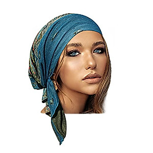 Teal Cashmere Headscarf Turquoise Headwear for Women Tichel Super Soft Headcovering Head cover Head wear Pre tied Bandana Ethnic Print Collection (Teal short - 290)