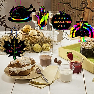 50 Pack Thanksgiving Scratch Art Paper Crafts Kit, Fall Thanksgiving Rainbow Paper Crafts Kit for Kids, DIY Pumpkin Turkey Maple Hanging Ornaments for Thanksgiving Fall Harvest Party Decoration