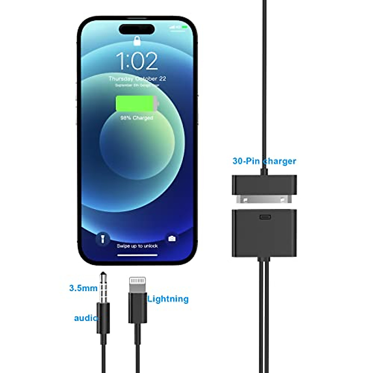 [Apple MFi Certified] Lightning to 30 Pin Adapter for iPhone, 8-Pin to 30 Pin Adapter with 3.5mm AUX Audio Cable Support Charging Docking Station, for iPhone 6s/6/6 Plus/SE/5s/5c/5/iPad/iPod (Black)