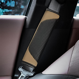 BESULEN Car Seat Belt Cover, 2 Pack Carbon Fiber Leather Seatbelt Shoulder Pad, Auto Safety Seat Belt Cushion Protector Compatible with All Cars and Backpack Strap (Beige)