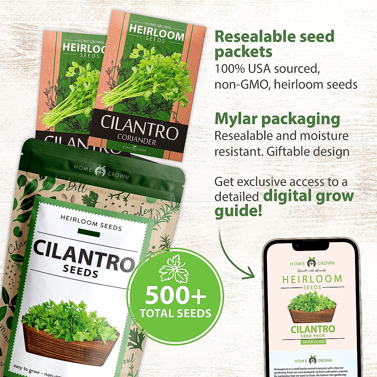 HOME GROWN 500+ Cilantro Seeds for Planting Indoors or Outdoors - Heirloom, Non-GMO Coriander Seeds, Grow Your Own Cilantro Plant - Culinary Herb Seeds for Your Herb Garden