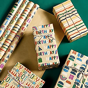 Packanewly Brithday Kraft Wrapping Paper Sheet - 6 Sheets Different Design Reversible Gift Brown Wrap Paper - 17.5 x 30 inches per Sheet
