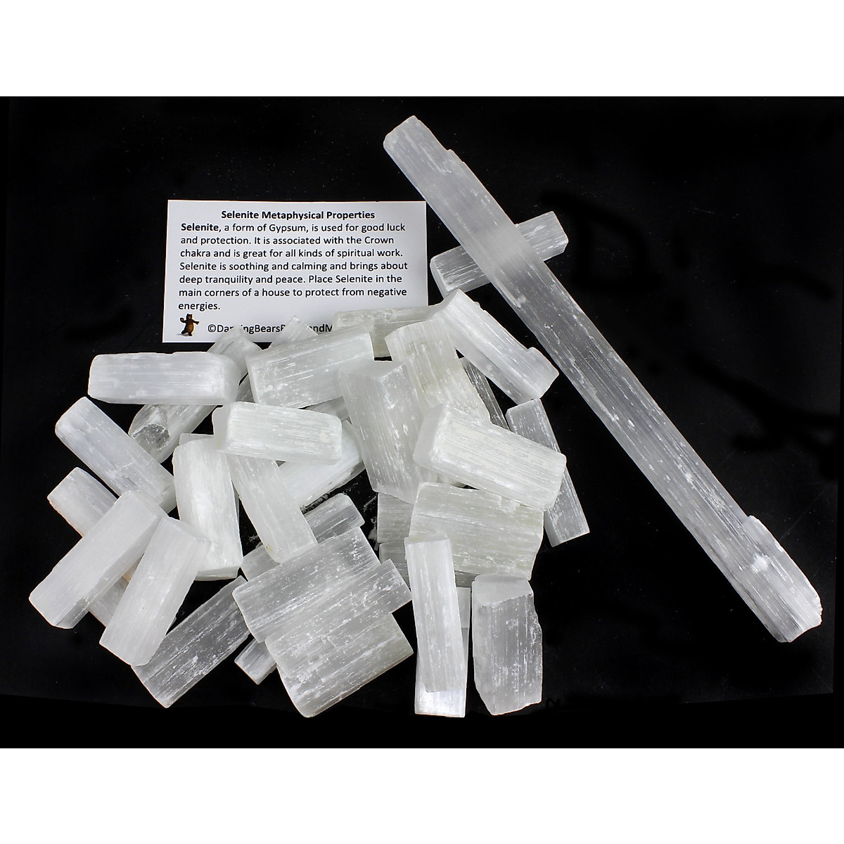 DANCING BEAR Selenite Sticks Wands Bulk (35-40 pcs) 1.5-2 inch L X .25-.5" W Each, Bonus: Free 6-8" Selenite Stick & ID Card, Reiki, Chakra, Healing, Protection Grids, Good Luck, Positive Energy
