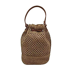 WIGUYUN Women Straw Drawstring Bucket Purse Small Tote Shoulder Handbag Hollow Out Cross-body Bag for Summer,Beach Light Brown