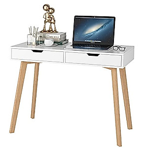 FOTOSOK White Computer Writing Desk with 2 Drawers, Modern Home Office Desk with 4 Oak Legs, Small Makeup Vanity Table Desk Console Study Table
