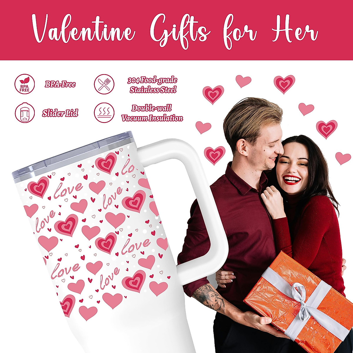 winiwo 40 oz Valentines Tumbler with Handle and Straw, Heart tumbler Gifts for Mom/Women/Wife/Her/Love, Insulated White Tumbler, Fits Cupholders, Available Gift Wrapping