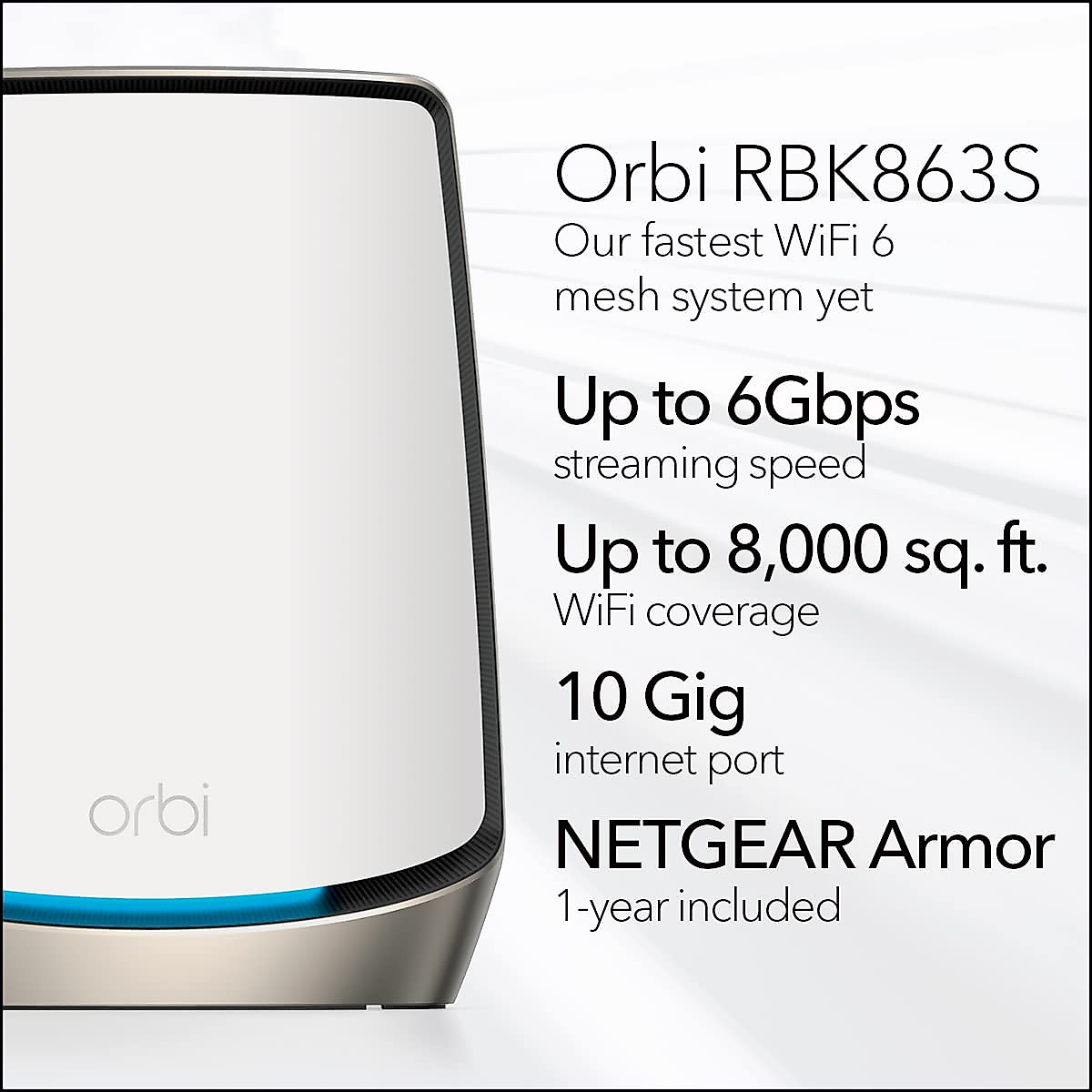 NETGEAR Orbi Tri-Band WiFi 6 Mesh Network System (RBK863S) – Router + 2 Satellite Extenders, Security Features, Up to 6Gbps, Up to 8,000 sq.ft., 100 Devices, 10 Gig Internet Port, Armor Subscription