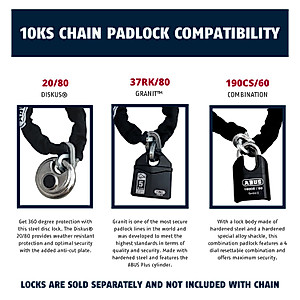 ABUS Hardened Steel 10KS 10 Foot x 3/8" Thick Square Security Chain for Bikes, Containers, Trailers, ATV's, Motorcycles and Personal/Industrial Property