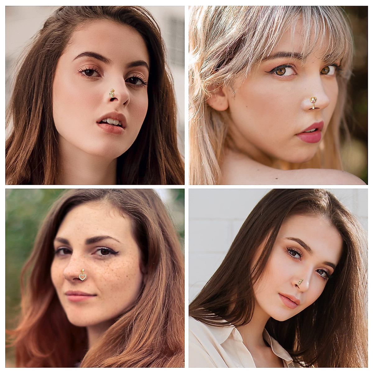 Sanfenly Nose Rings Studs Nose Piercing Jewelry for Women Men 20G Rose Gold Silver Black Cute CZ Heart Moon Butterfly Flower Dangly Dangle Dangling Nose Rings L Shaped Nose Stud Set