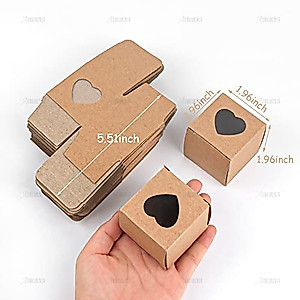 AUEAR, 50 Pack of Kraft Gift Boxes with Clear Plastic Heart Window 2x2x2 inch Treat Gift Boxes for Cake Candy Cookies Dessert
