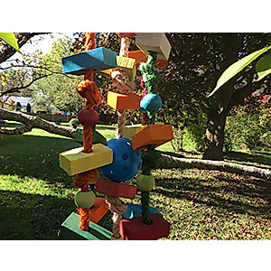 Bird Chew Toy SKWAKOCO. The Size 18" Multicolored Natural Wooden Blocks, Beads and Natural 100% Hemp Rope. Toy is Suggested for Large and Medium Parrot