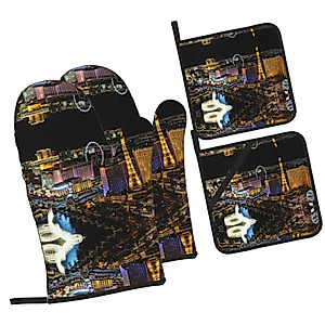 Las Vegas Night View Extra Long Oven Gloves and Hot Pads Set 4pcs for Cooking and Baking with Pockets