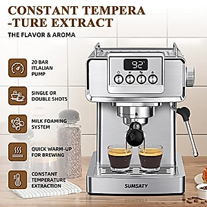 SUMSATY Espresso Machine, Stainless Steel Espresso Machine with Milk Frother for Latte, Cappuccino, Machiato,for Home Espresso Maker, 1.8L Water Tank, 20 Bar