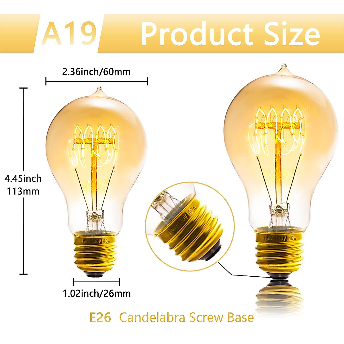 Sevici Edison Bulbs, A19 Bulbs 6 Pack, Dimmable 120V 40W Vintage Amber Glass, 240 Lumens E26 Base, Retro StyleIncandescent Bulbs, 2200K Warm Yellow Light, for Home Office Desk Lamp Stand