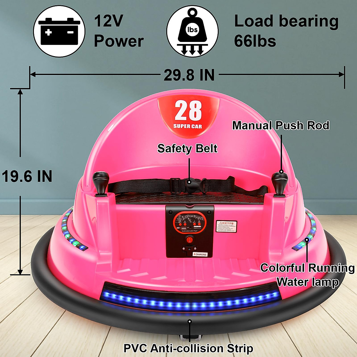 Electric Ride On Bumper Car Kids 12V 3-Speeds for Toddlers, 1.5-8 Years Old Baby Bumping Toy Cars, DIY Sticker Baby Toy Gifts, Remote Control, Bluetooth, 360 Spin ASTM-Certified Pink