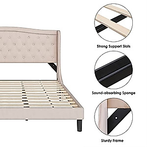 HOSTACK Queen Size Bed Frame, Modern Upholstered Platform Bed with Wingback Headboard, Heavy Duty Button Tufted Bed Frame with Wood Slat Support, Easy Assembly, No Box Spring Needed(Beige, Queen)