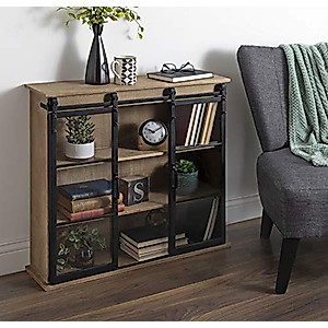 Kate and Laurel Barnhardt Decorative Wooden Wall Cabinet with Two Sliding Glass Doors, 30" x 28", Rustic Brown, Barndoor Modern Farmhouse Storage