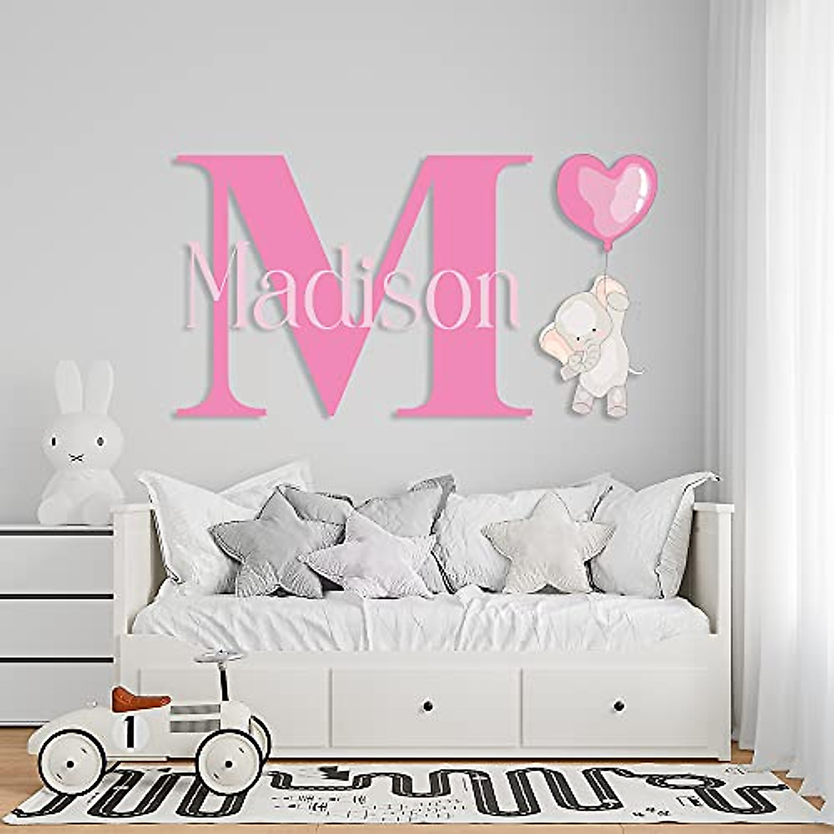 Multiple Font Cute Elephant Wall Stickers - Name & Initial - Prime Series - Baby Girl or Boy - Custom Name & Initial - Nursery Wall Decal for Baby Room Decorations - Mural Wall Decal Sticker