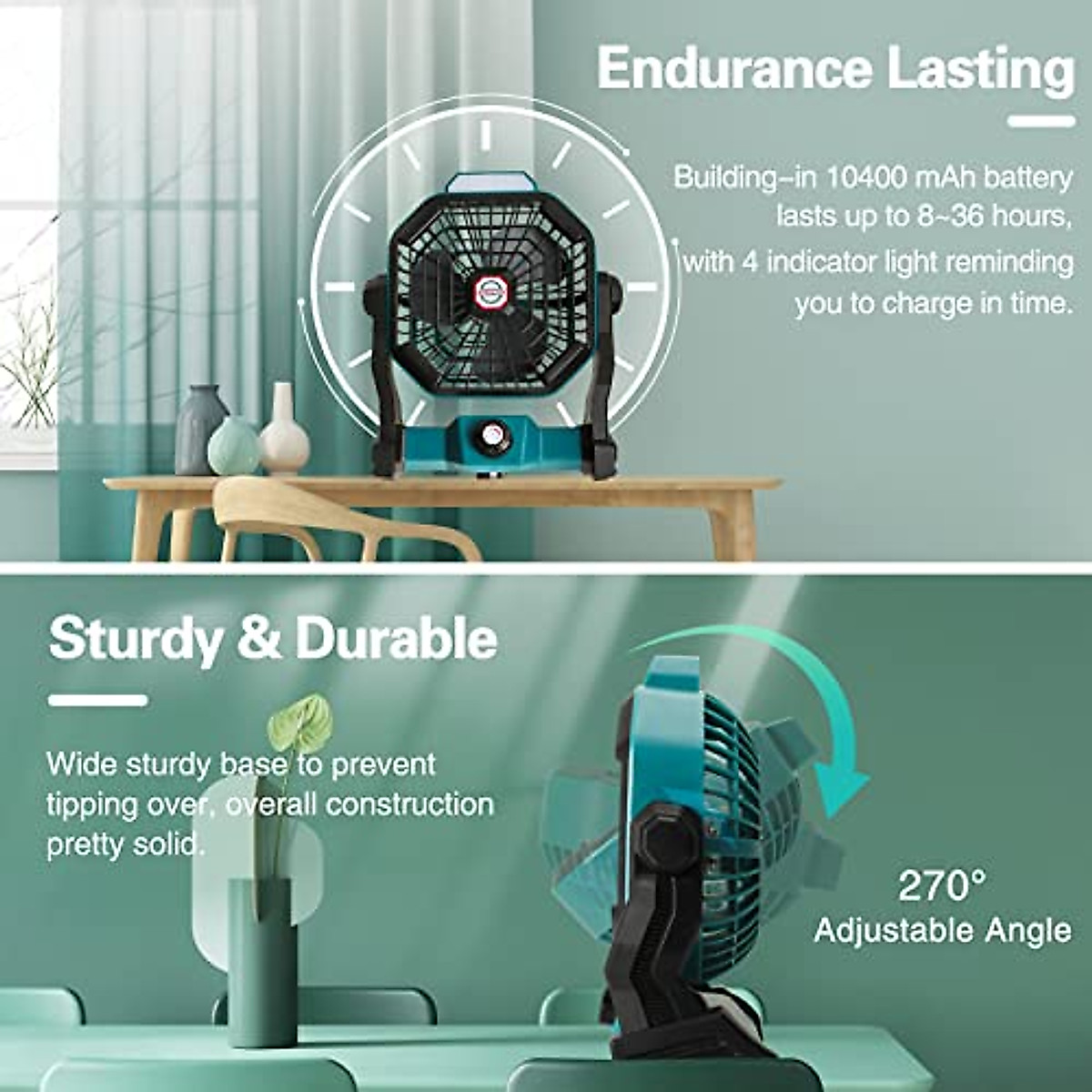 CONBOLA Portable Battery Operated Fan with LED Lantern, 10400mAh Outdoor Small Rechargeable Quiet Camping Fan, Personal Desk Fan Cooling Table Fan with Hanging Hook for Tent,Bedroom, Office(Green)