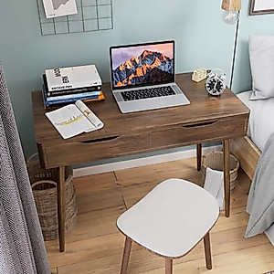 Tangkula Mid-Century Desk with 2 Drawers, Writing Study Desk, PC Laptop Desk, Home Office Computer Workstation for Small Space, Makeup Vanity Console Table (Walnut)
