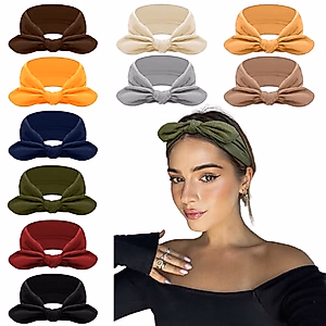 AKTVSHOW 10 Pack Headbands for Women, Bow Rabbit Ear Boho Headband Workout Running Sports Sweat Elastic Hair Wrap for Girls Cute Hair Accessories (Solid color)