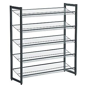 SONGMICS Shoe Rack, 5-Tier Stackable Shoe Storage Shelf, Metal Mesh, Flat or Angled Shoe Organizer Rack for 20 to 25 Pairs of Shoes, Short Boots, High Heels, Grey