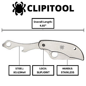 Spyderco ClipiTool Multi-Functional Stainless Steel Utility Pocket Knife with 2" Steel Blade and Screwdriver/Bottle Opener - PlainEdge - C175P
