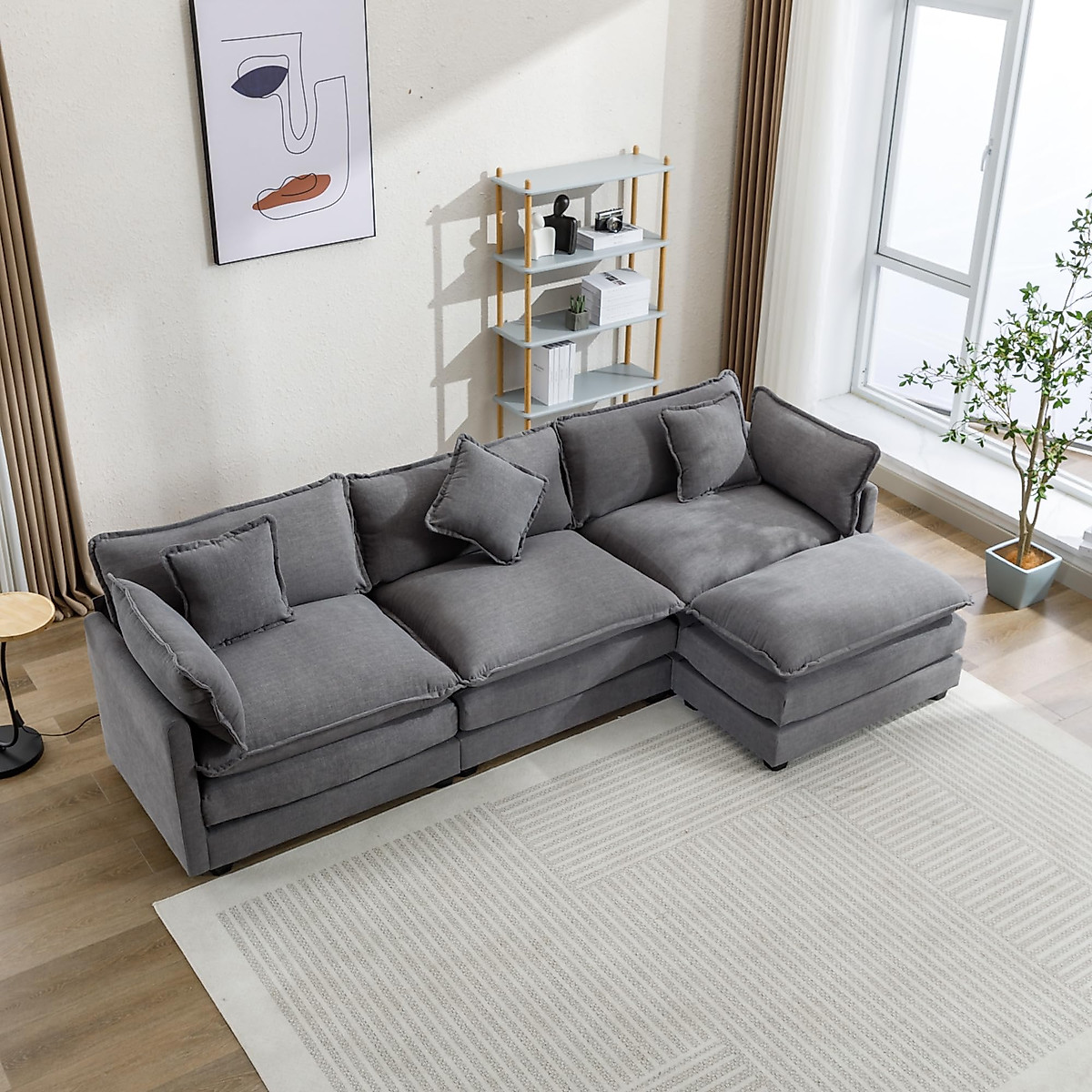 LyuHome 112.2" Sectional Sofa for Living Room, Convertible L-Shape Couch Modular 4 Seater Sofa Couch with Ottoman, 5 Pillows, Grey