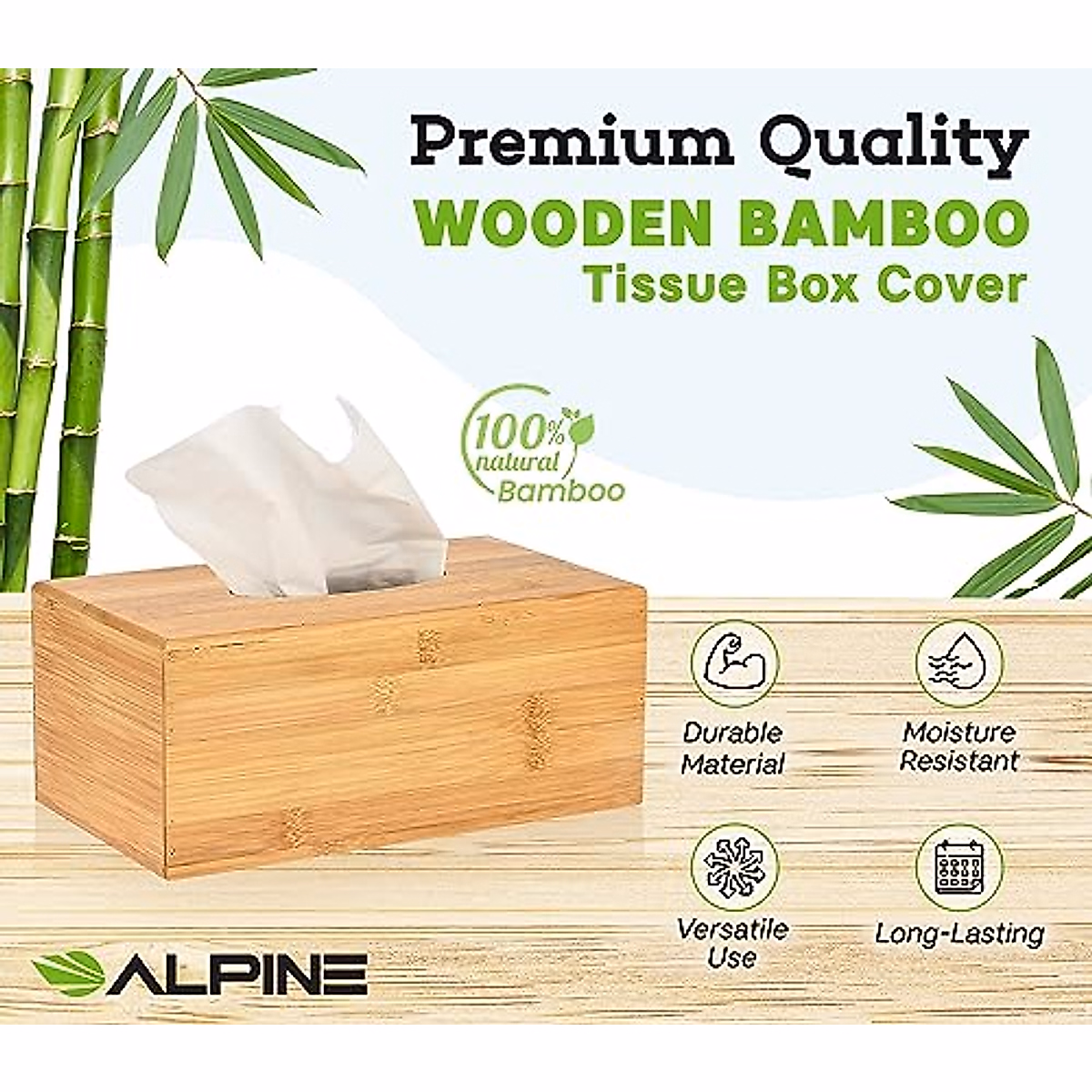 Alpine Industries Wooden Bamboo Rectangular Tissue Box Cover - Eco Friendly Pull Holder/Dispenser - Decorative Organizer for Bathroom, Office Desk & Car (Bamboo)