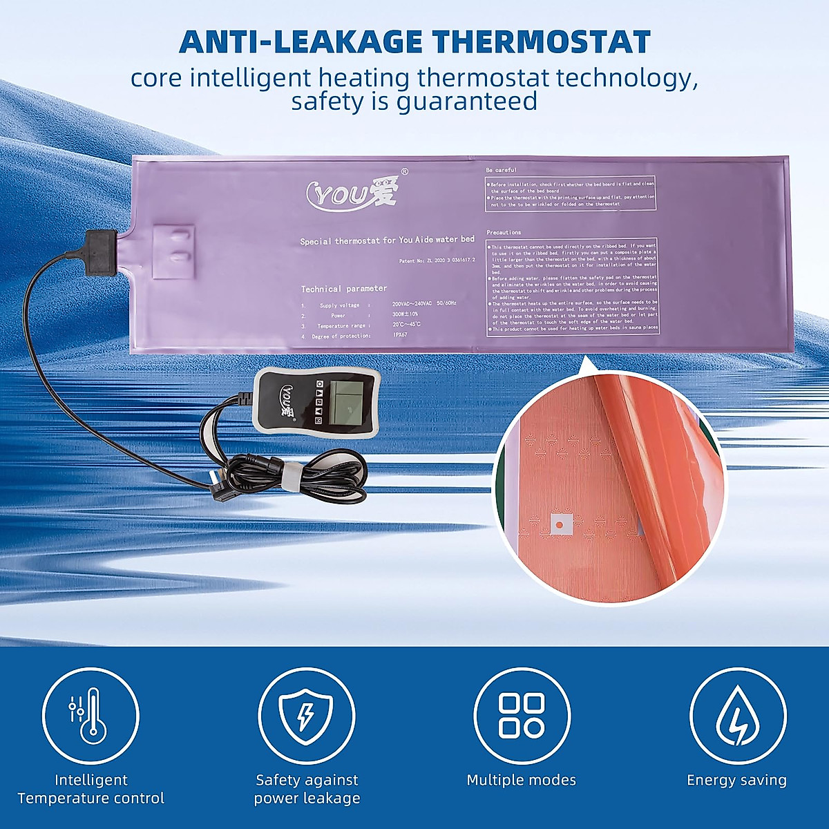 250 W Waterbed Heater - Safe and Durable Softside Waterbed Heater with Lcd Display, Multi-mode Adjustable Smart Thermostat
