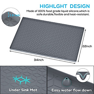Under Sink Mat for Kitchen, 34"x22" Silicone Waterproof Under Sink Shelf Liner, Flexible Sink Cabinet Organizer Tray, Hold up to 3.3 Gallons Liquid, Sink Protector Tray with Drain Hole Easy to Clean
