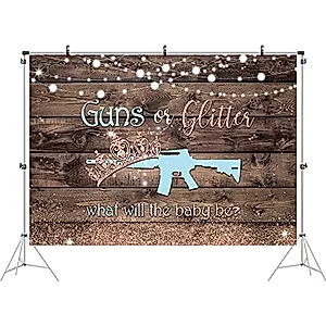 Ticuenicoa Guns or Glitter Gender Reveal Backdrop Rustic Brown Wooden Photography Background He or She Boy or Girl Blue or Pink Baby Shower Cake Table Party Photo Shoot Props Booth Studio Banner 7x5ft